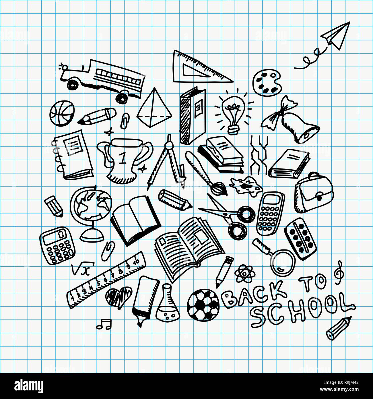 Back to school vector illustration with hand drawn school supplies ...