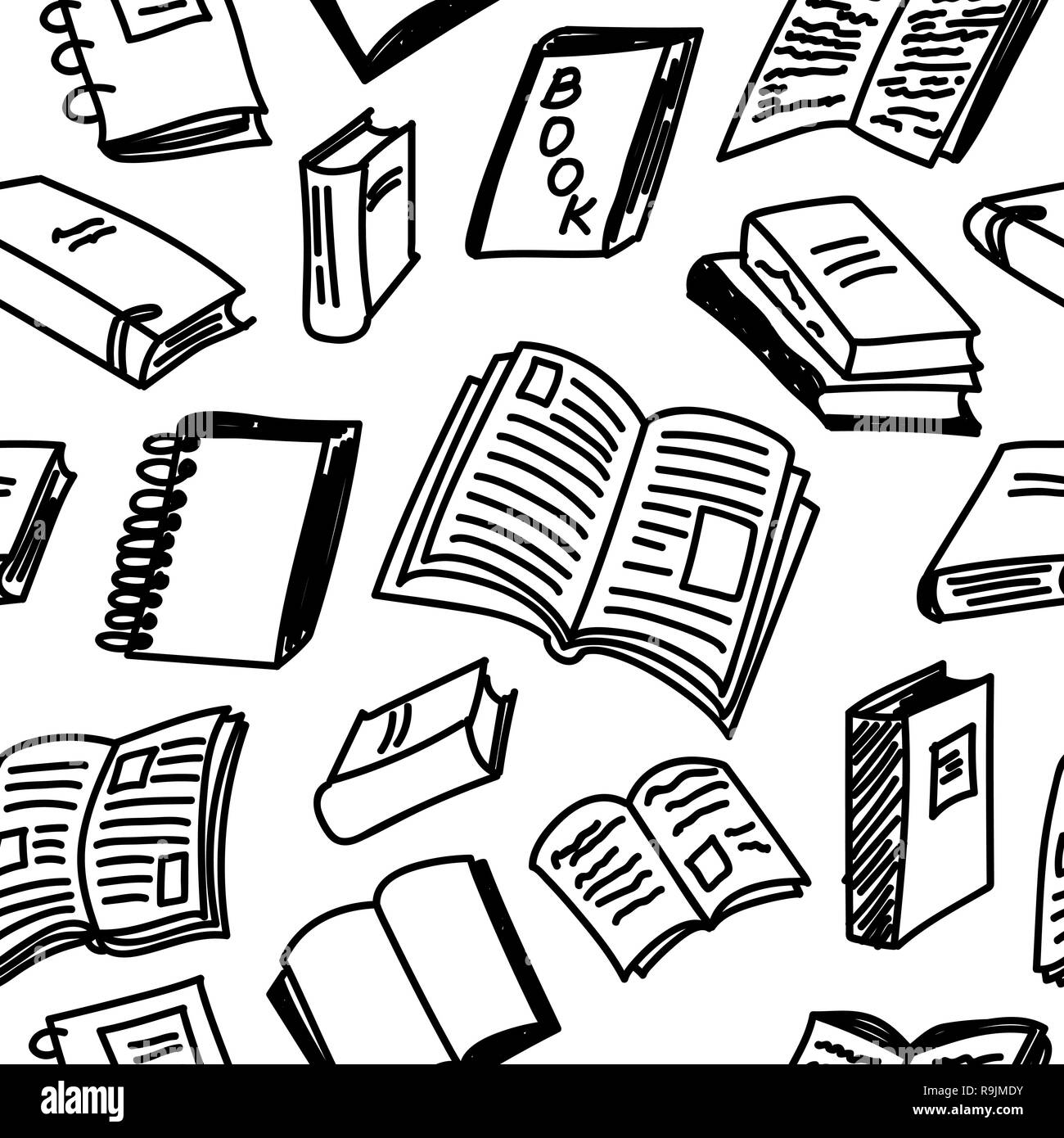 Books sketch seamless monochrome pattern in doodle style, vector ...
