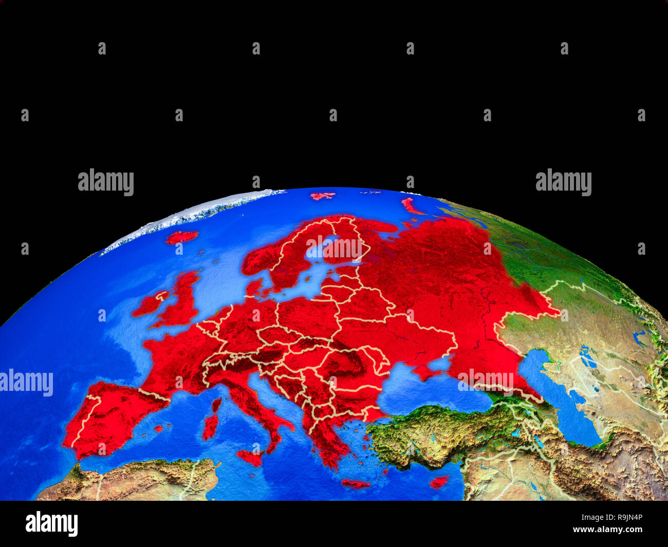 Europe on model of planet Earth with country borders and very detailed ...