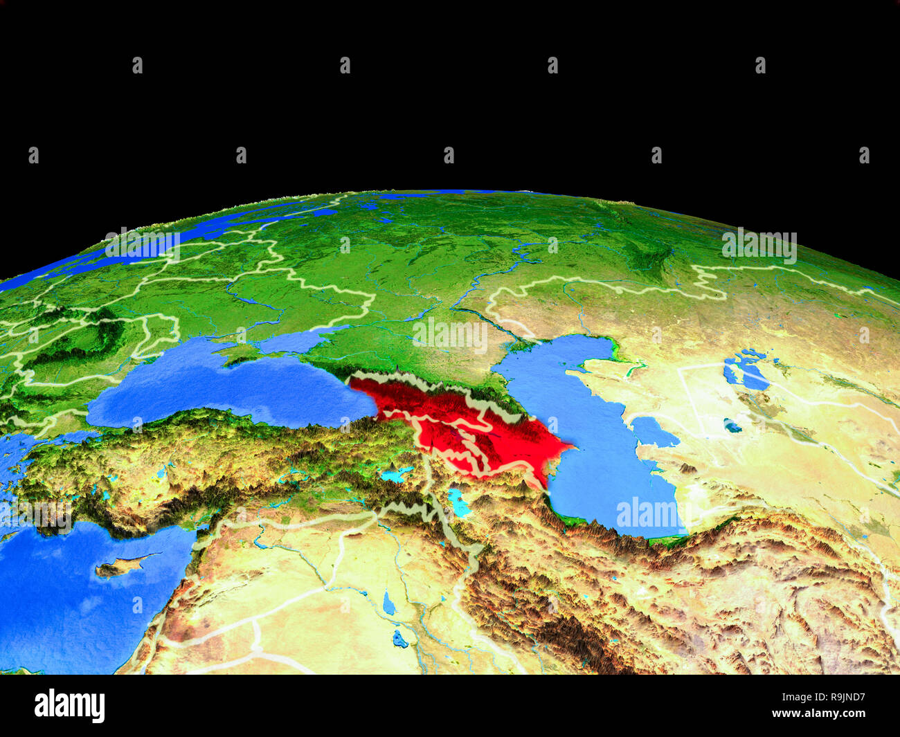 Caucasus region on model of planet Earth with country borders and very ...