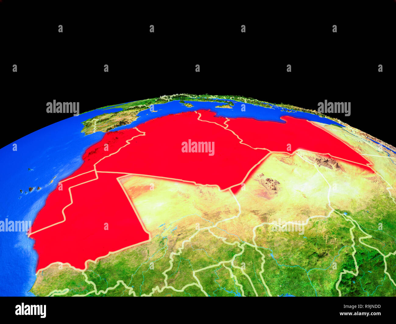 Maghreb region on model of planet Earth with country borders and very ...