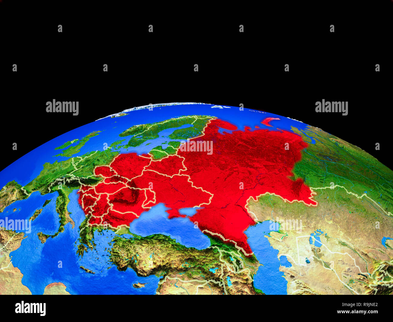 Eastern Europe on model of planet Earth with country borders and very ...