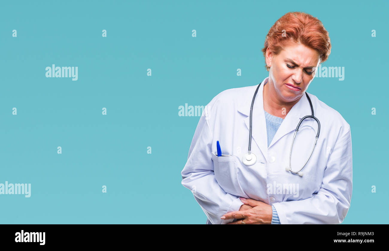 Senior caucasian doctor woman wearing medical uniform over isolated ...