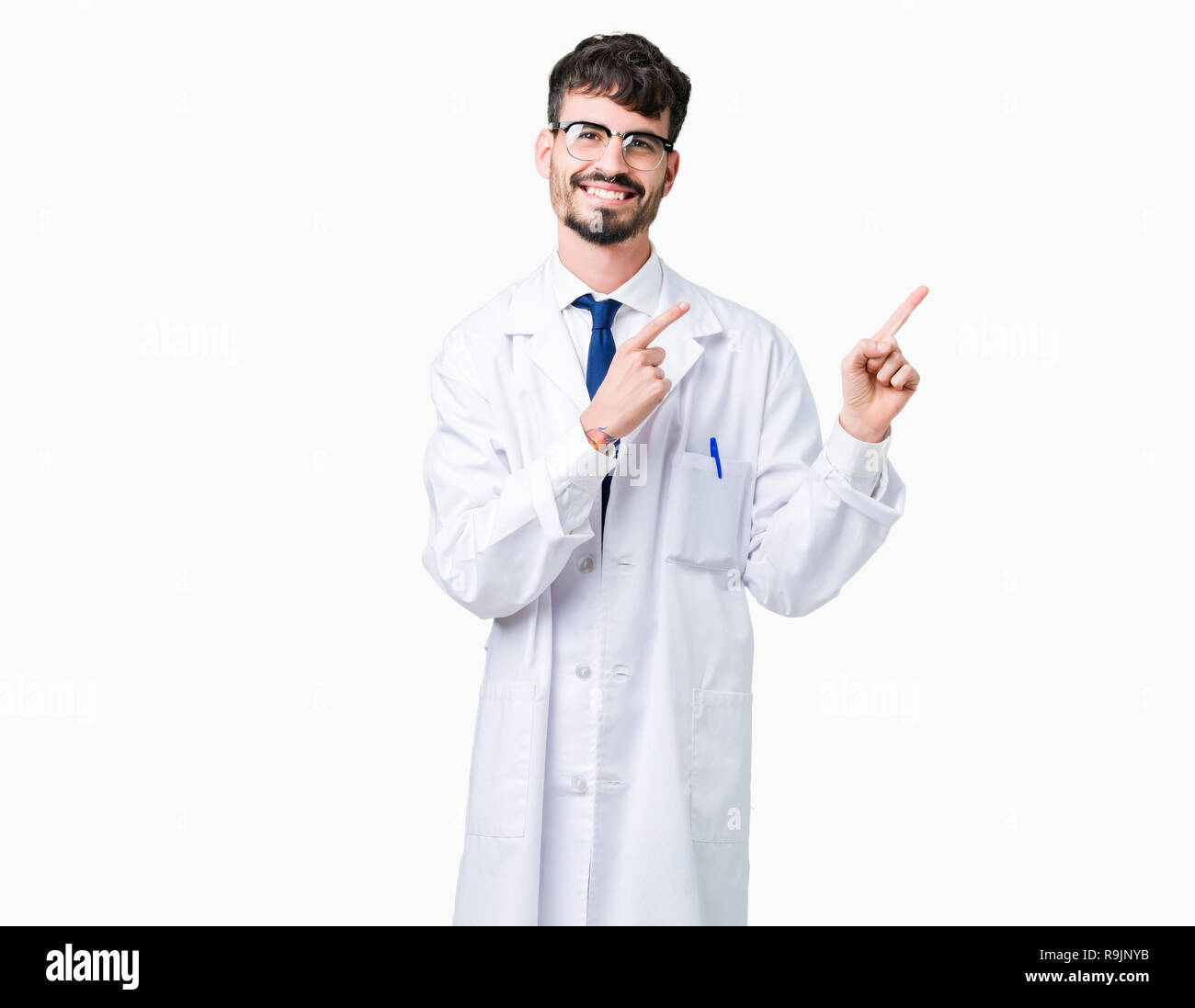 Young professional scientist man wearing white coat over isolated ...