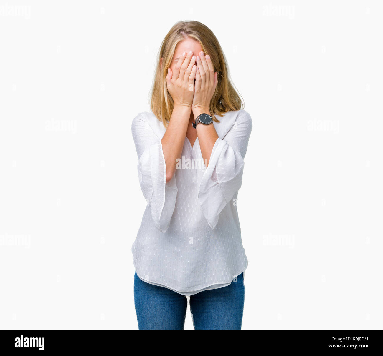 Beautiful young elegant woman over isolated background with sad ...