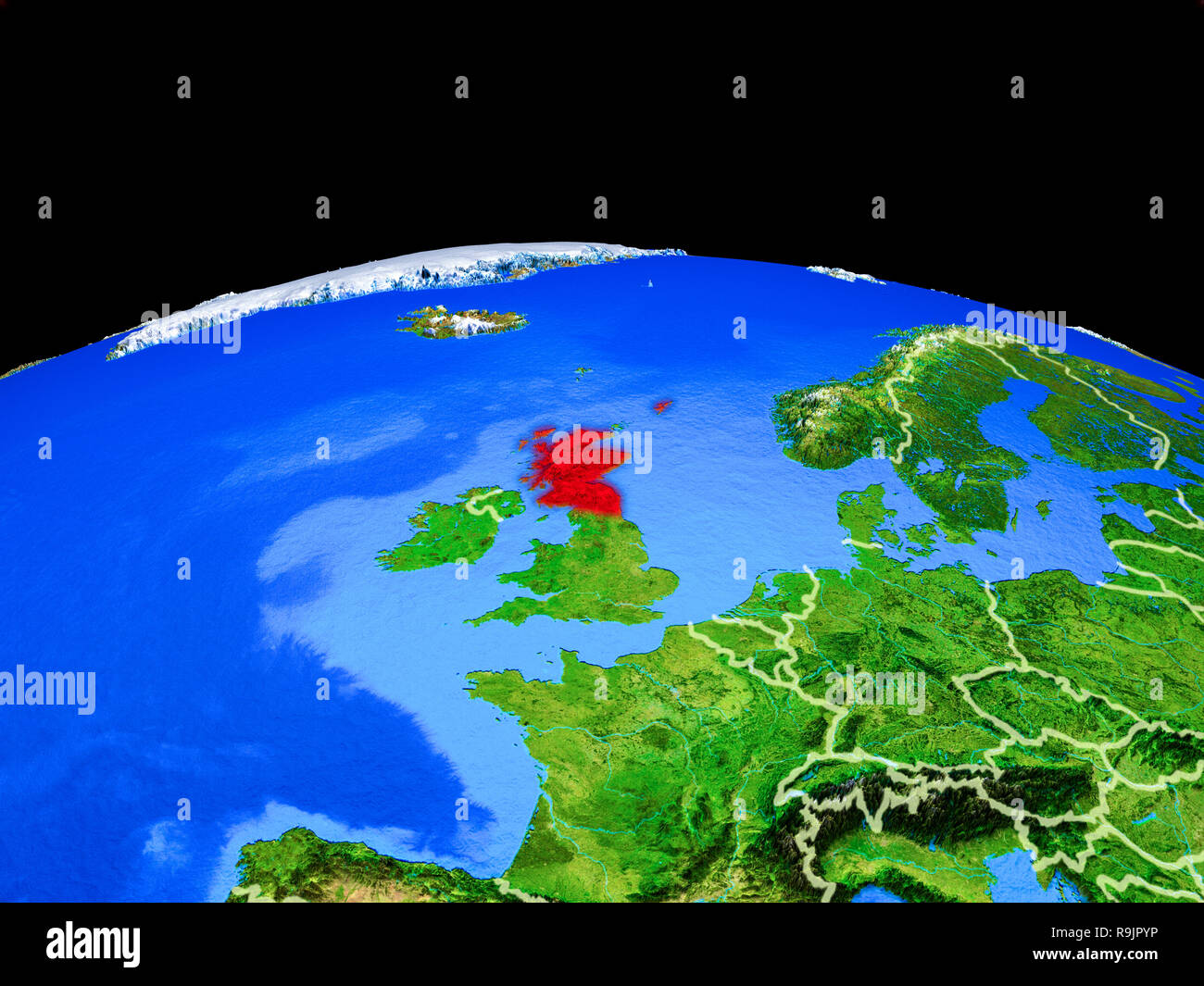 Scotland on model of planet Earth with country borders and very ...