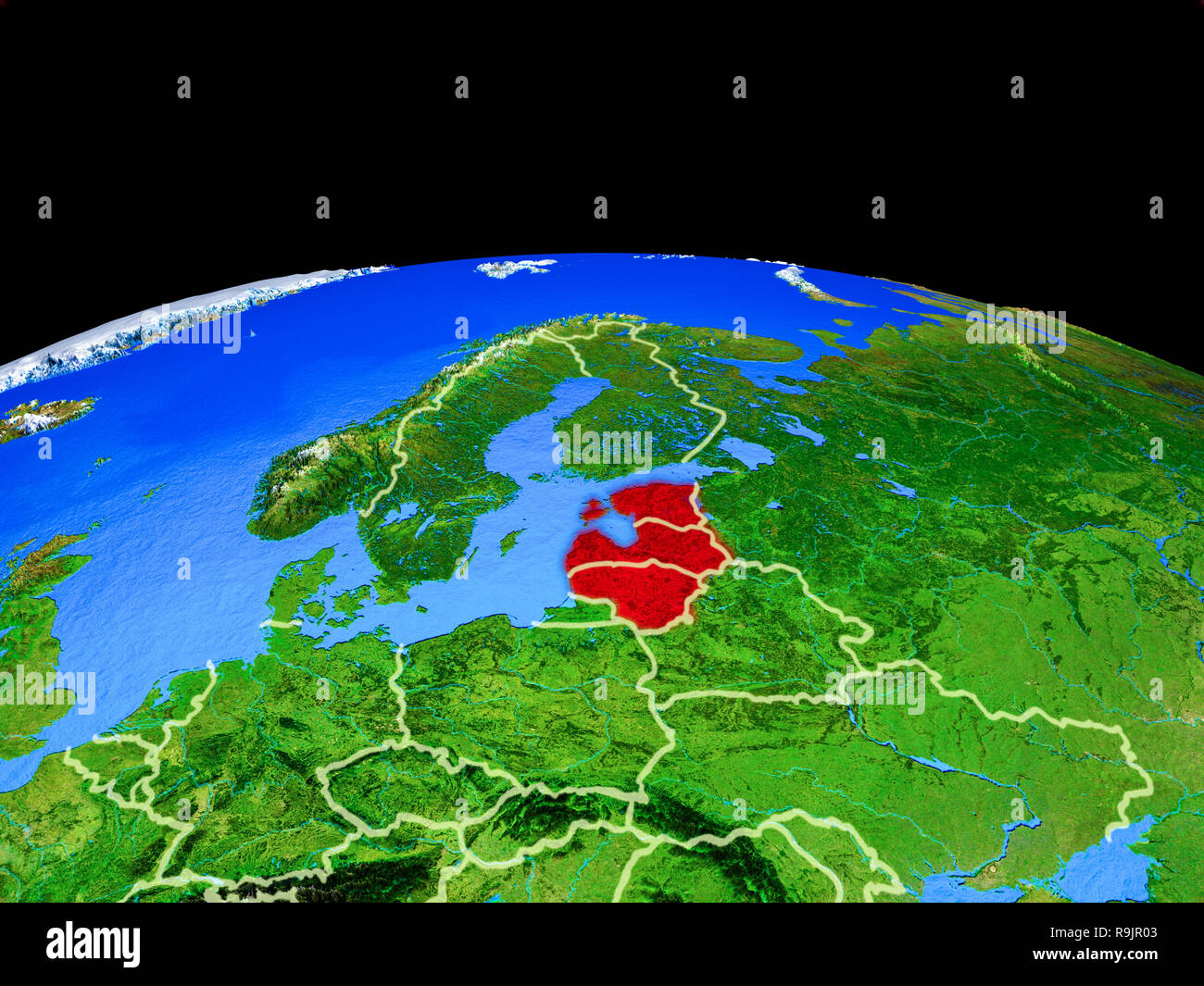 Baltic States on model of planet Earth with country borders and very ...