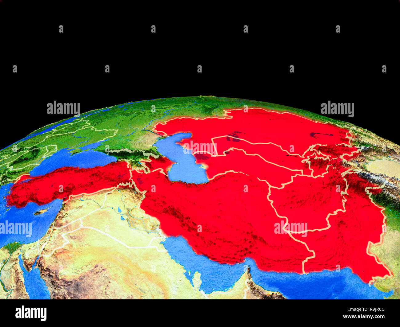 ECO member states on model of planet Earth with country borders and ...