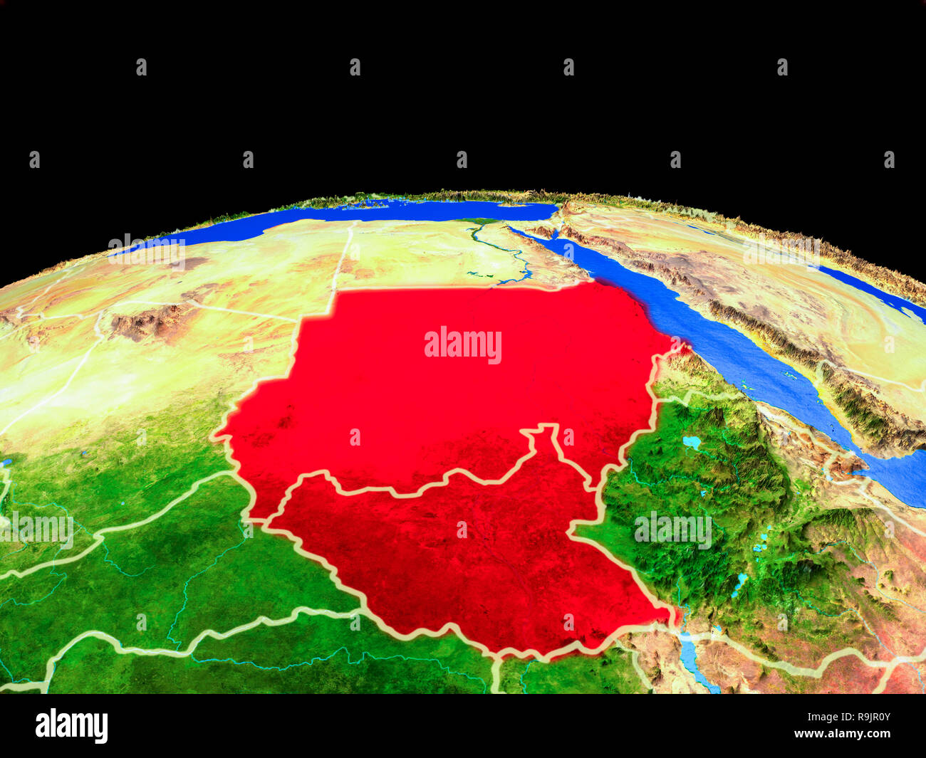 Former Sudan on model of planet Earth with country borders and very ...