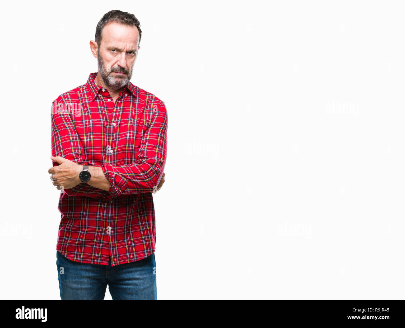 Middle age hoary senior man over isolated background skeptic and ...