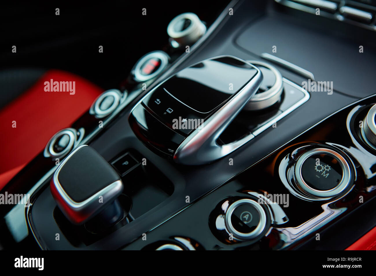 Detail of modern car interior, gear stick, automatic transmission in ...