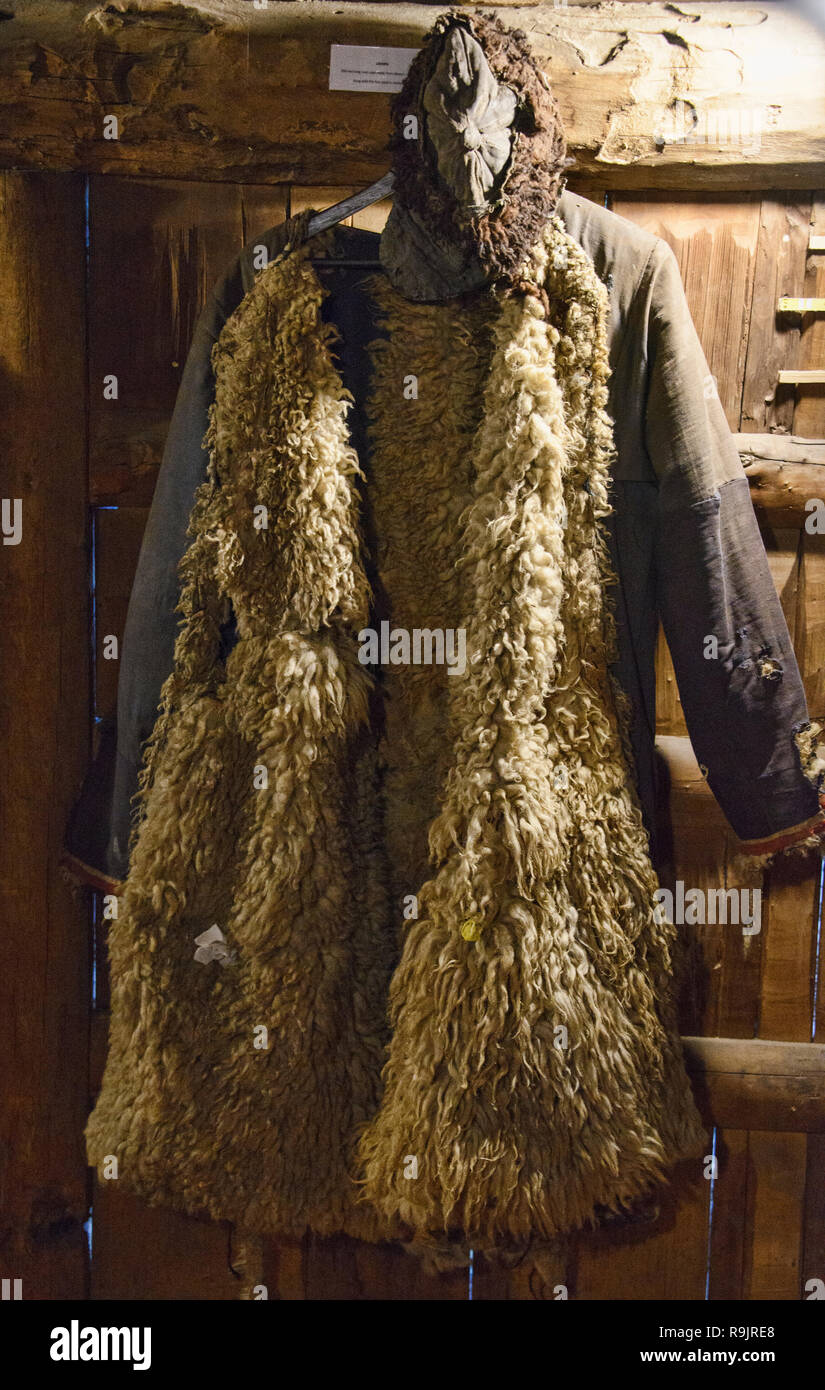 Tradtional men's sheepskin cloak displayed in the Heritage House in the ...