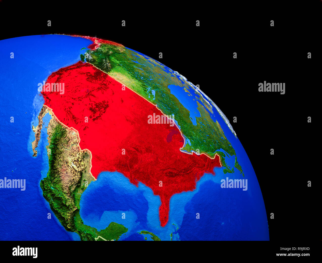 USA on planet Earth from space with country borders. Very fine detail ...