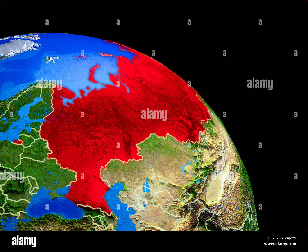 Russia on planet Earth from space with country borders. Very fine ...