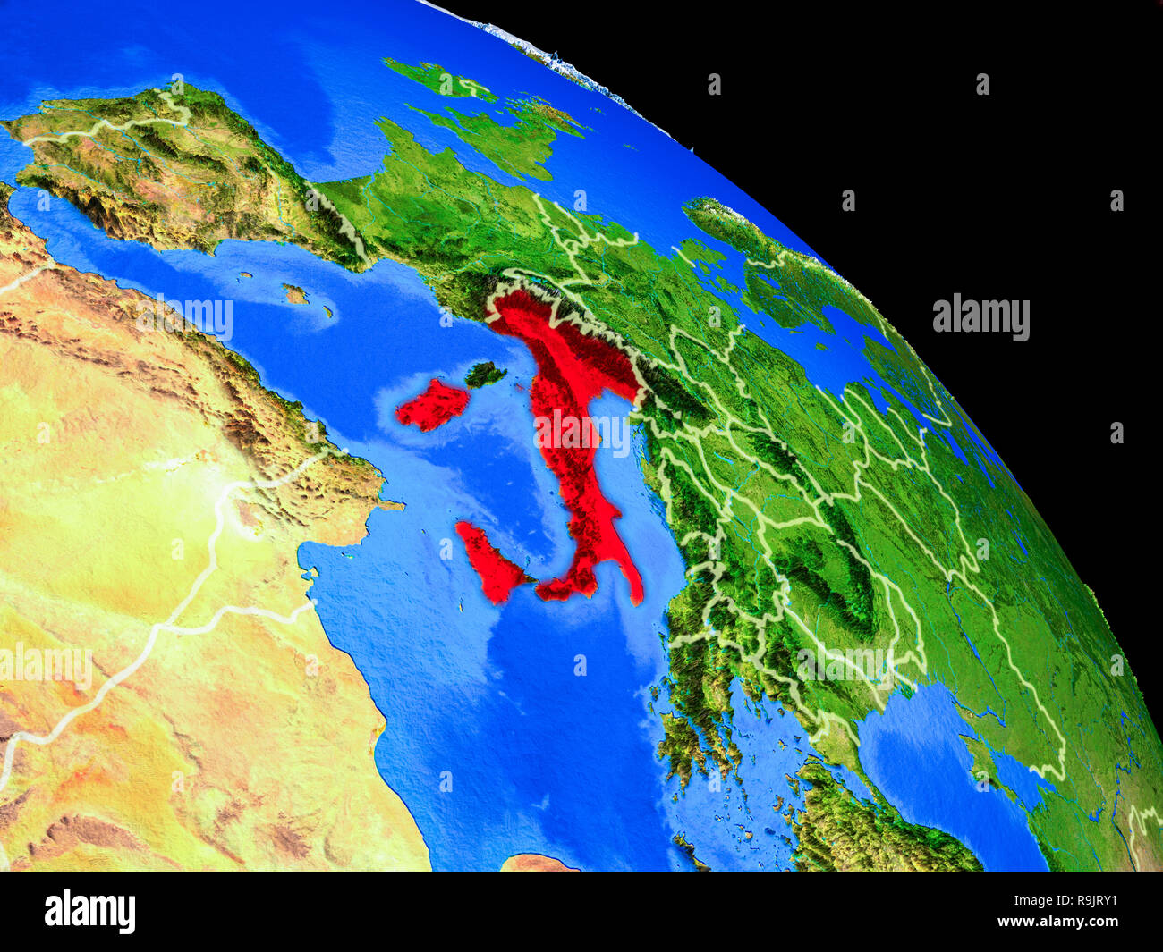 Italy on planet Earth from space with country borders. Very fine detail ...