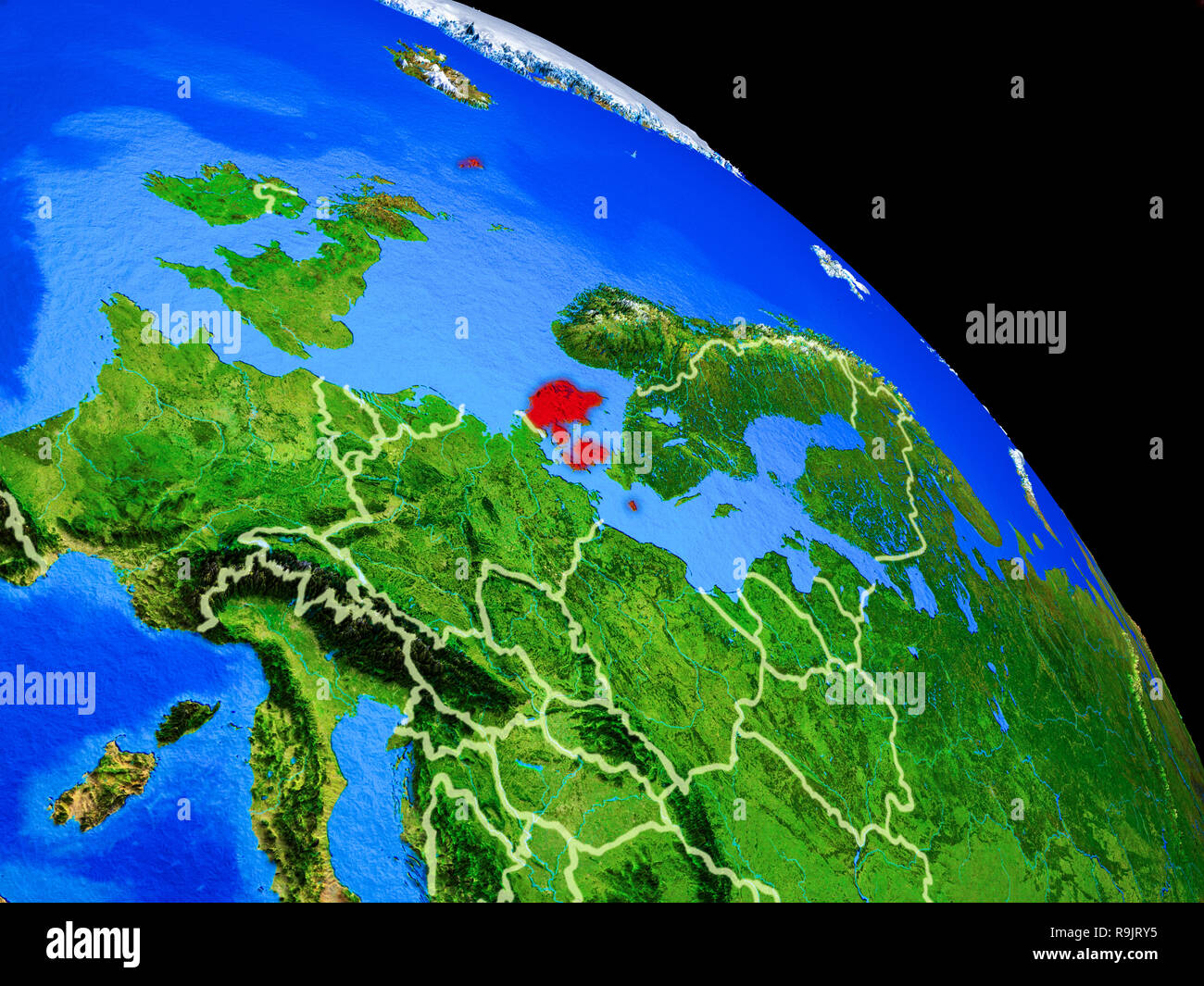 Denmark on planet Earth from space with country borders. Very fine ...