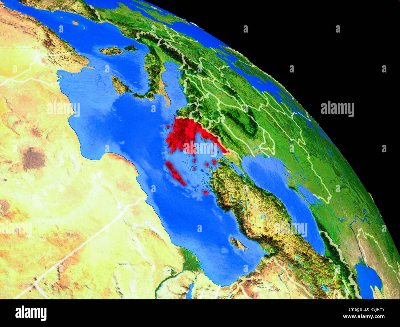 Greece on planet Earth from space with country borders. Very fine ...