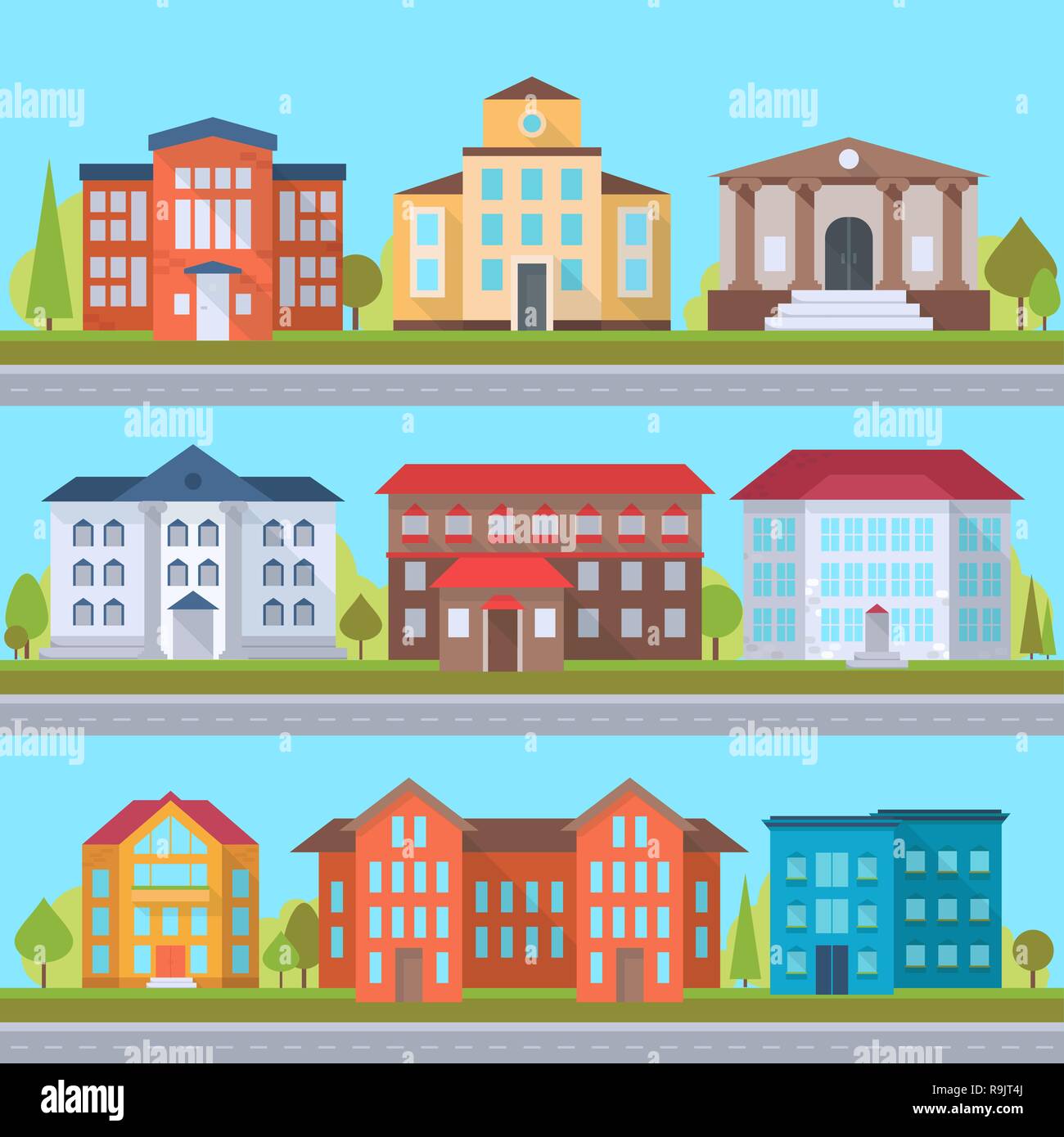 Set of streets with office or administrative buildings, outdoor cartoon ...