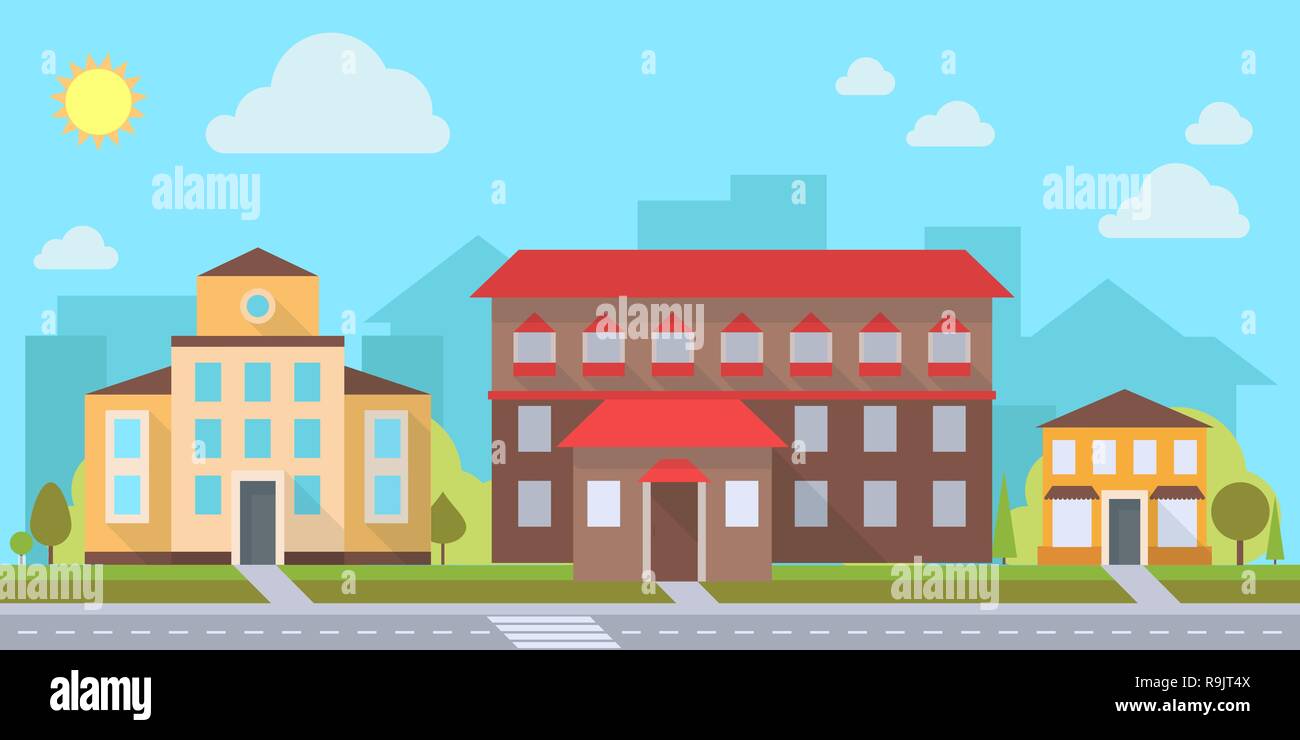 Street with office or administrative buildings, outdoor cartoon ...