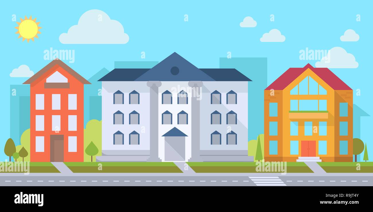Street with office or administrative buildings, outdoor cartoon ...