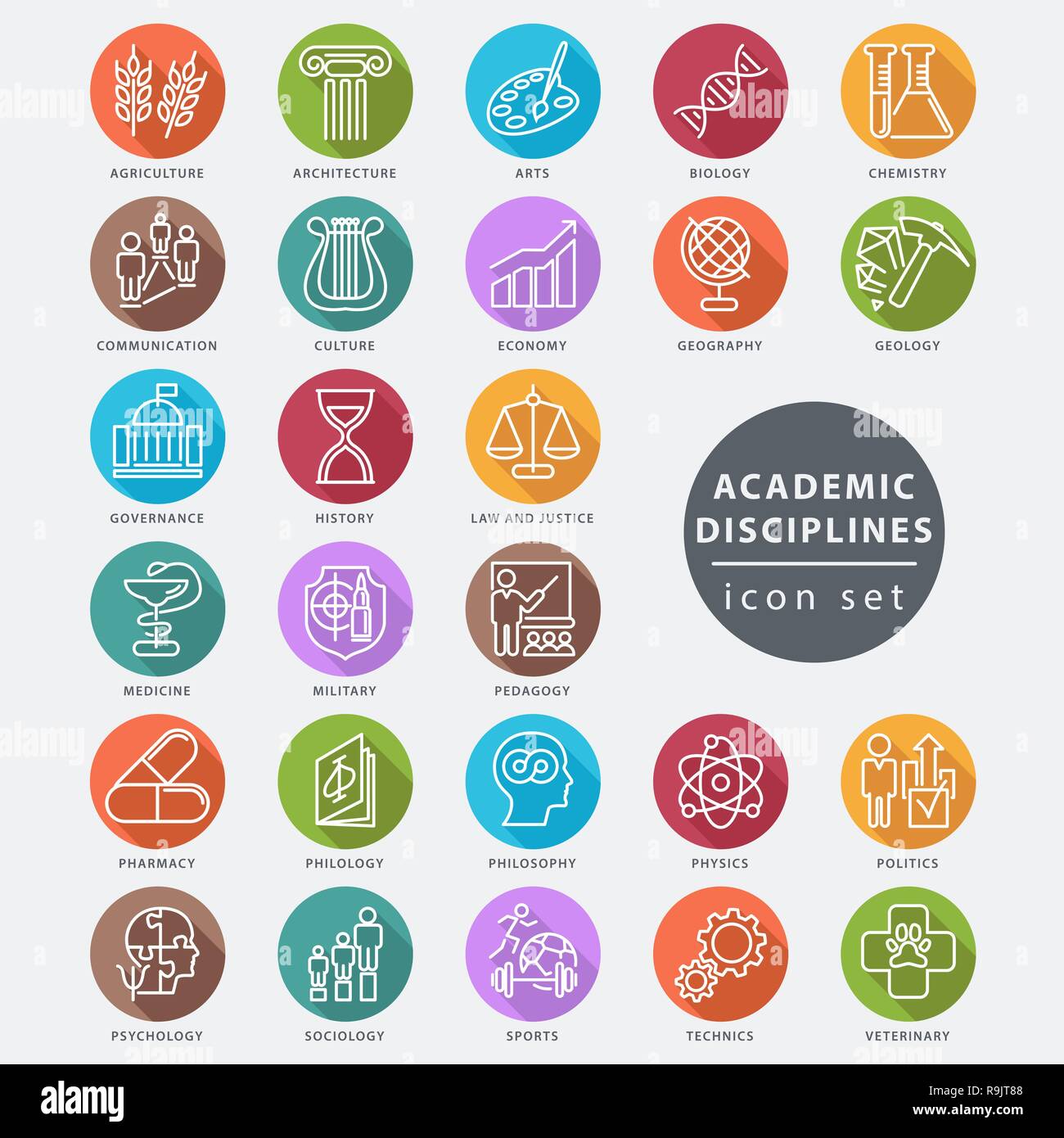 Academic disciplines isolated icon set, vector illustration Stock ...