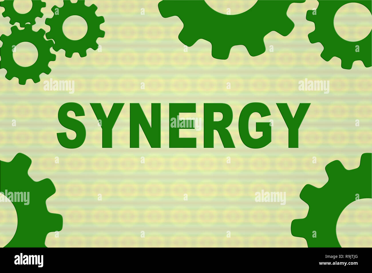 SYNERGY sign concept illustration with green gear wheel figures on ...