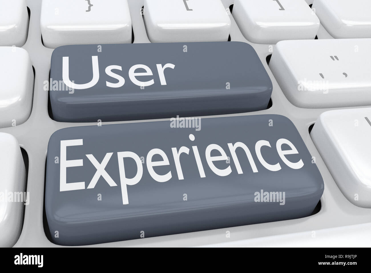 3D illustration of computer keyboard with the script User Experience on two adjacent gray ...
