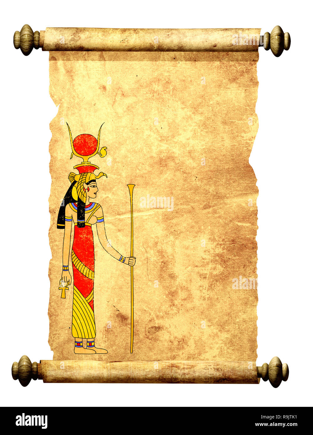 Scroll with Egyptian goddess Isis image. Isolated over white Stock ...