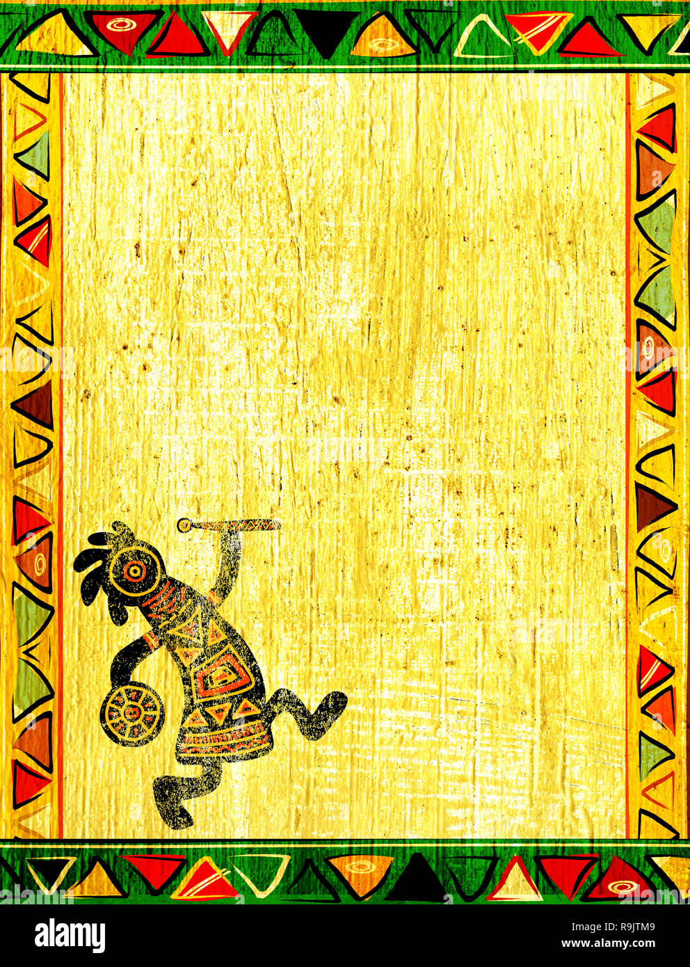Dancing musician. Grunge background with African traditional patterns ...