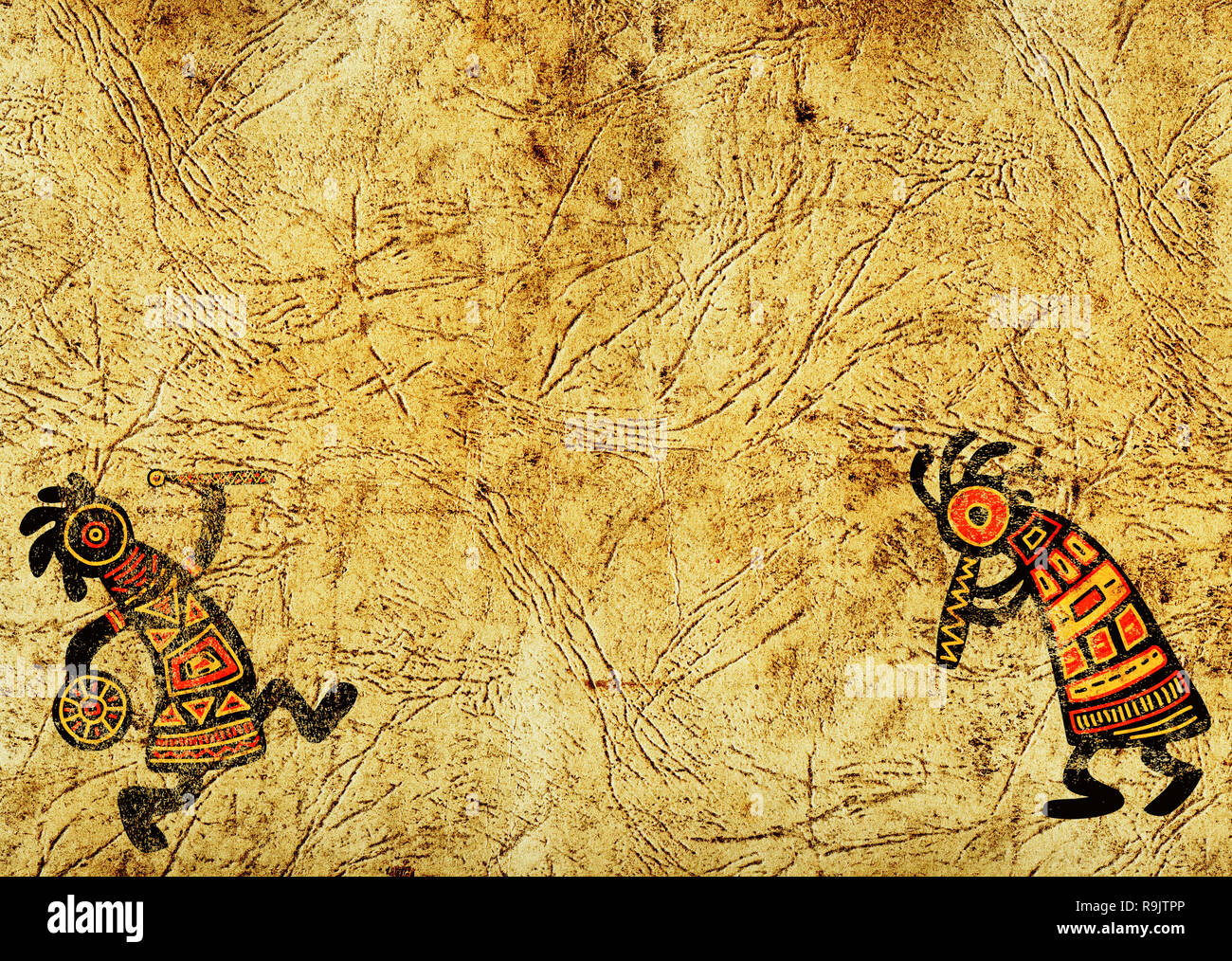 Dancing musician. Grunge background with African traditional patterns ...