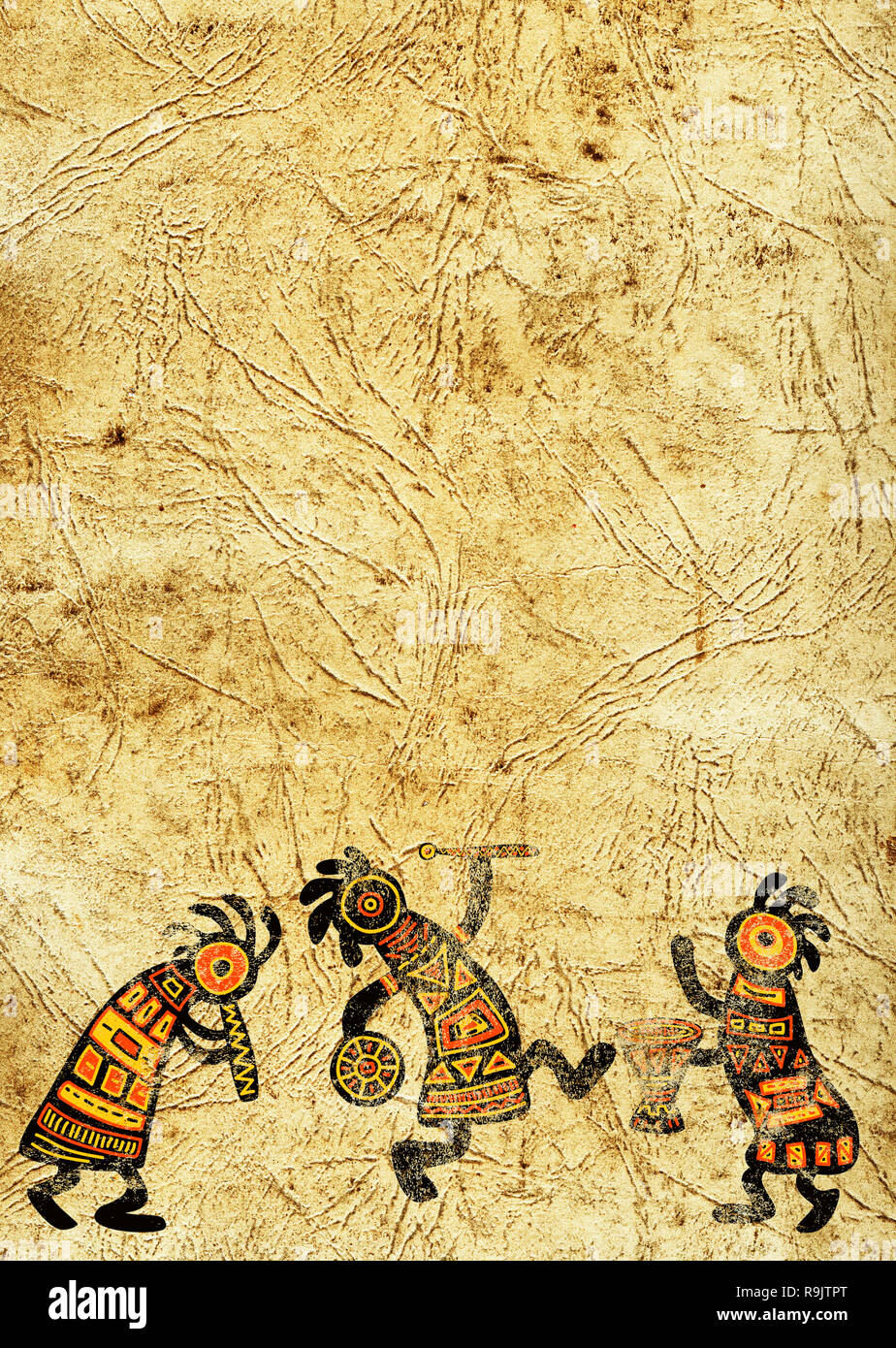 Dancing musician. Grunge background with African traditional patterns ...