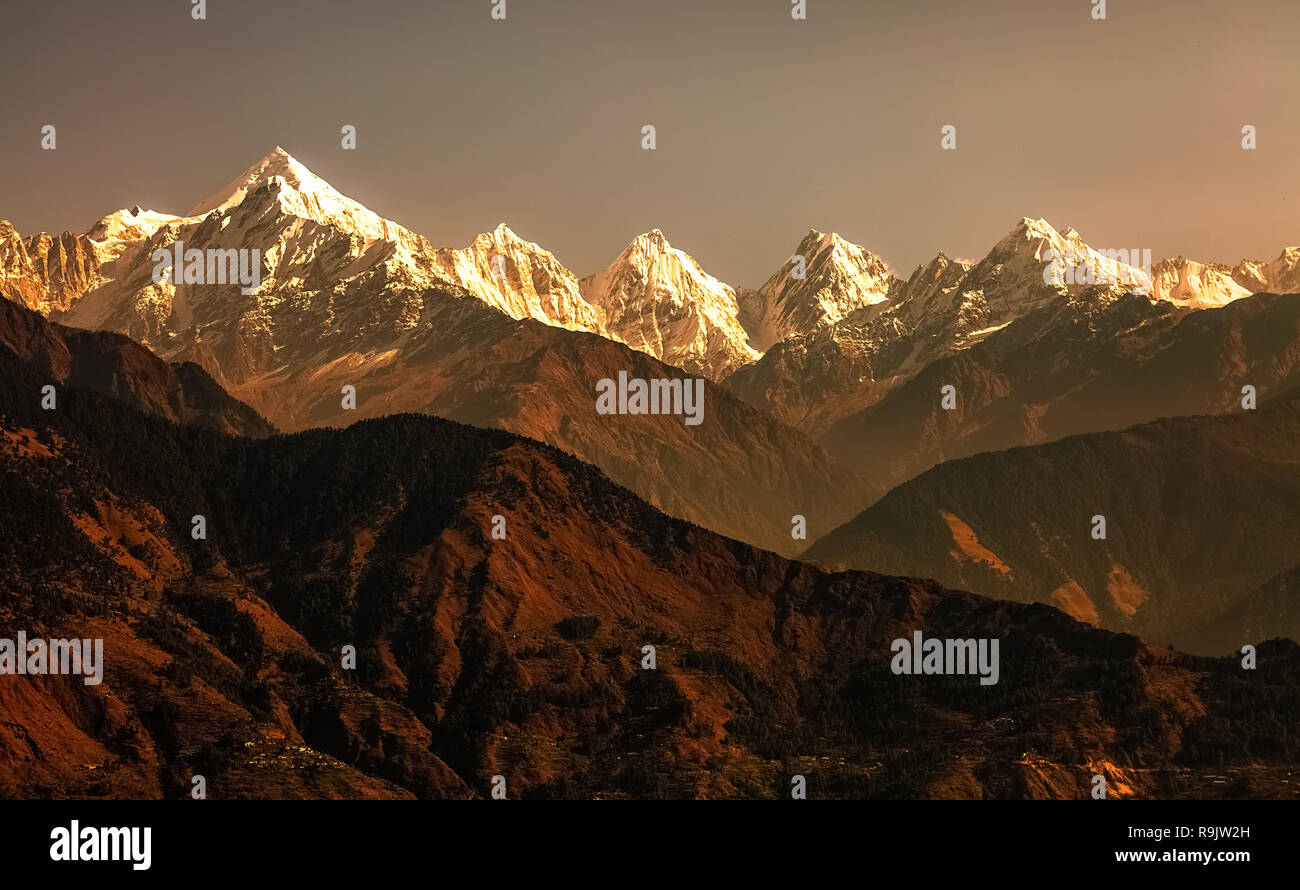 Panchchuli Himalayan range at sunset as seen from Munsiyari Uttarakhand ...