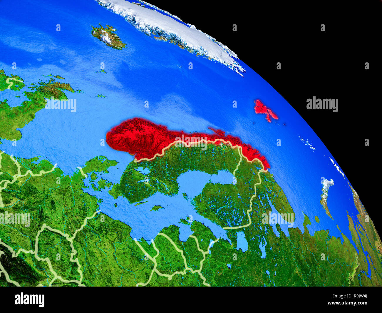 Norway on planet Earth from space with country borders. Very fine ...