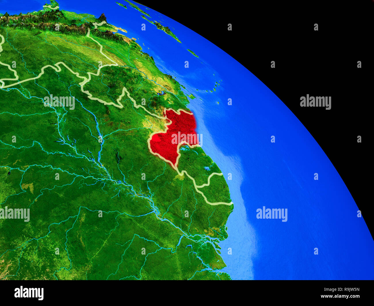 Guyana on planet Earth from space with country borders. Very fine ...