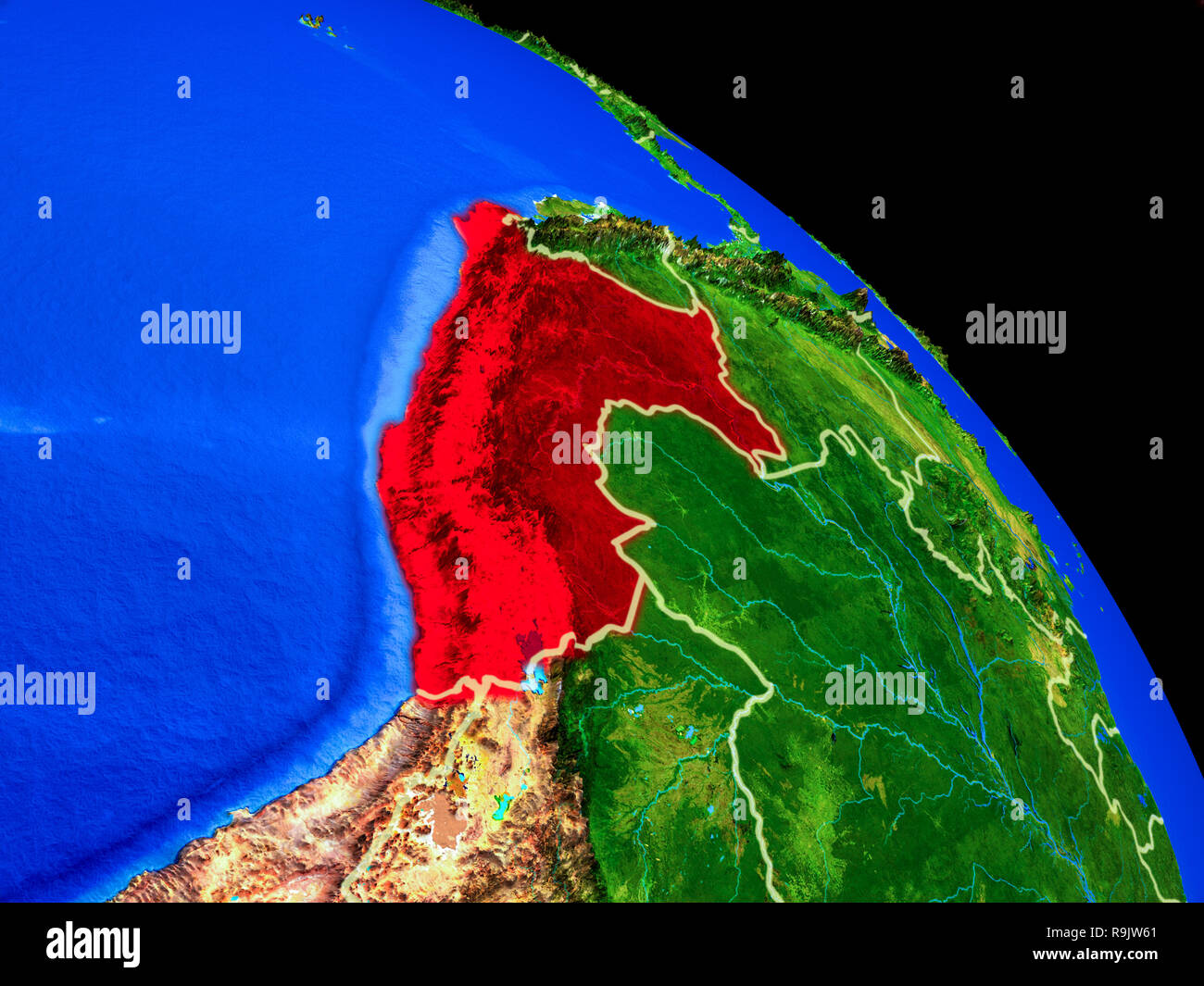 Peru on planet Earth from space with country borders. Very fine detail ...