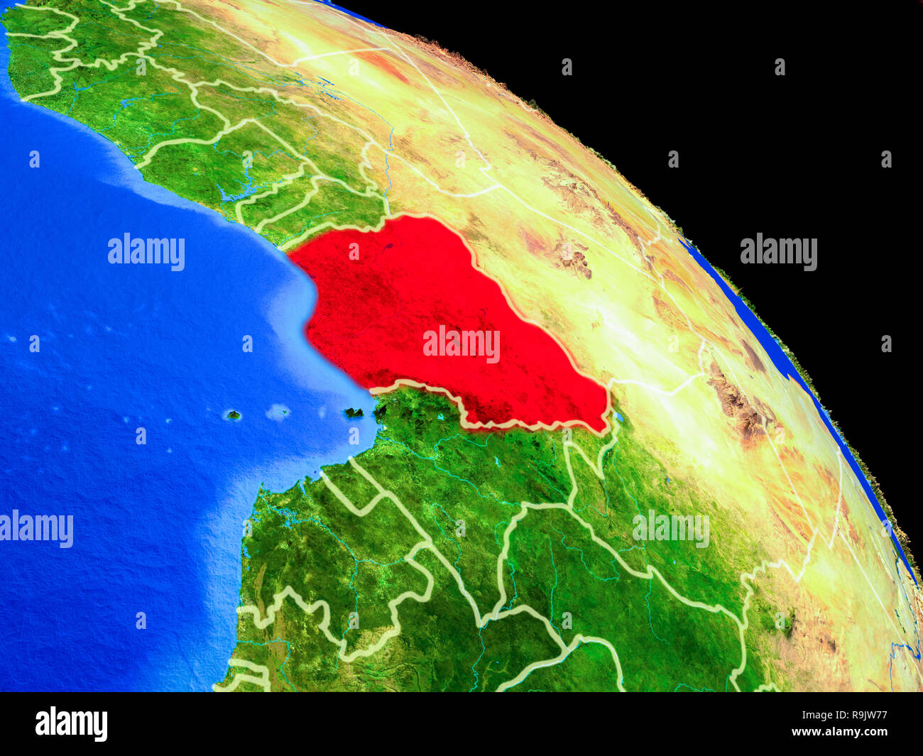 Nigeria on planet Earth from space with country borders. Very fine ...