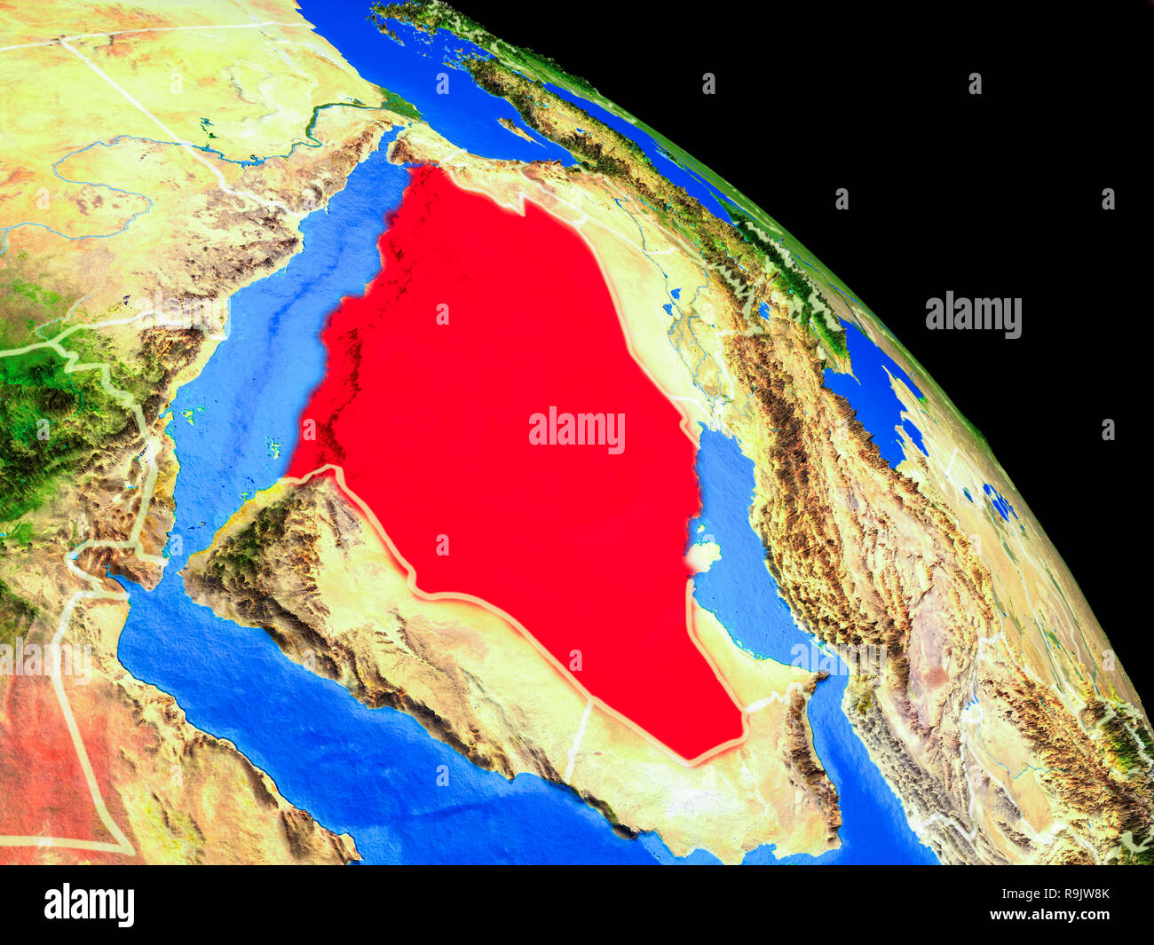 Saudi Arabia on planet Earth from space with country borders. Very fine ...