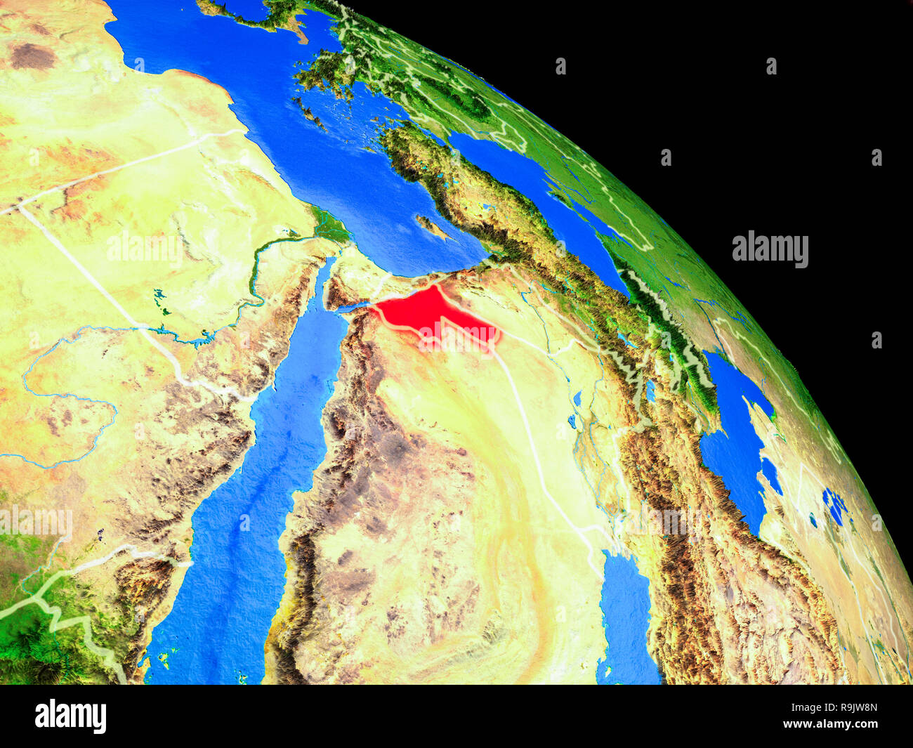Jordan on planet Earth from space with country borders. Very fine ...