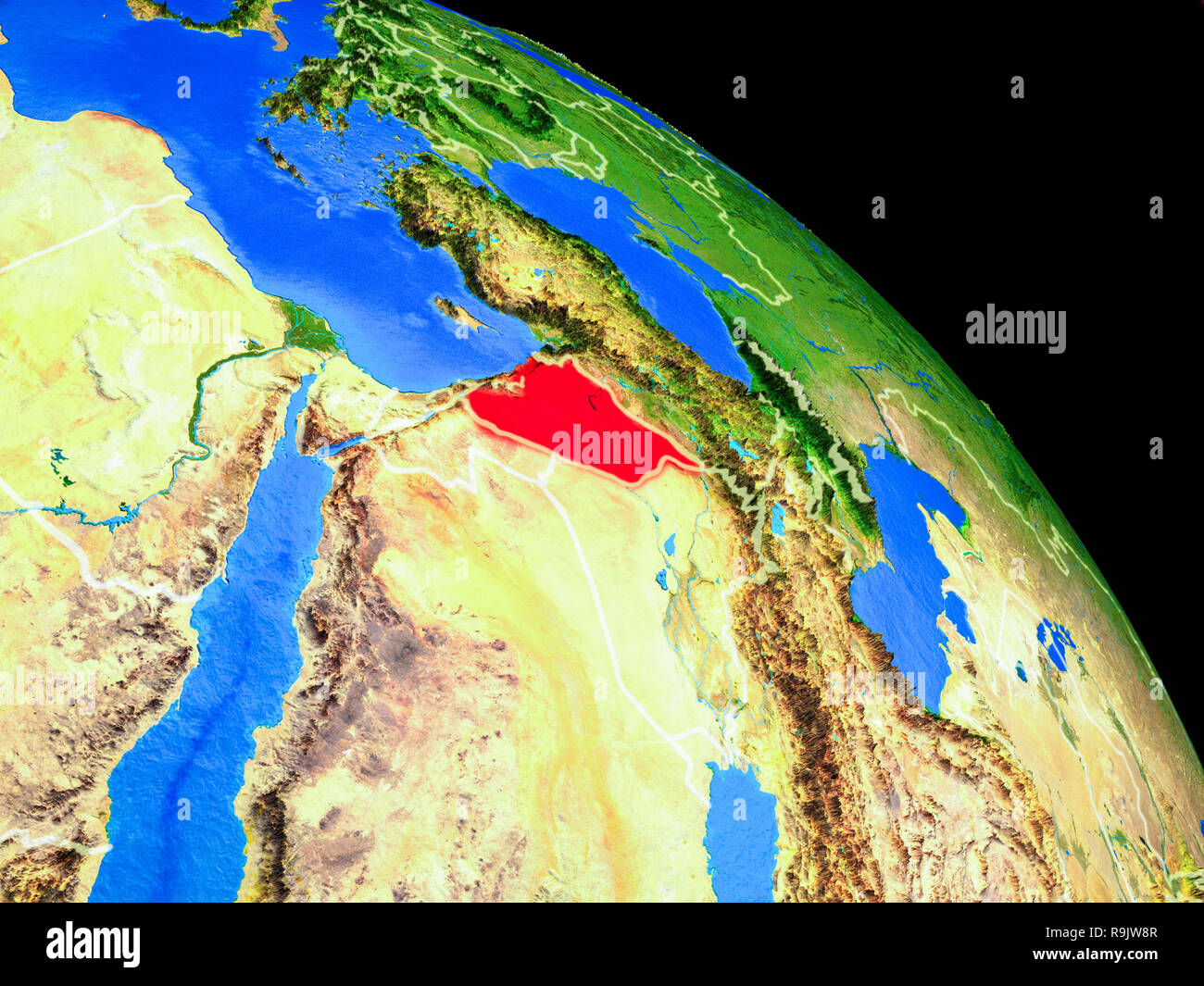 Syria on planet Earth from space with country borders. Very fine detail ...