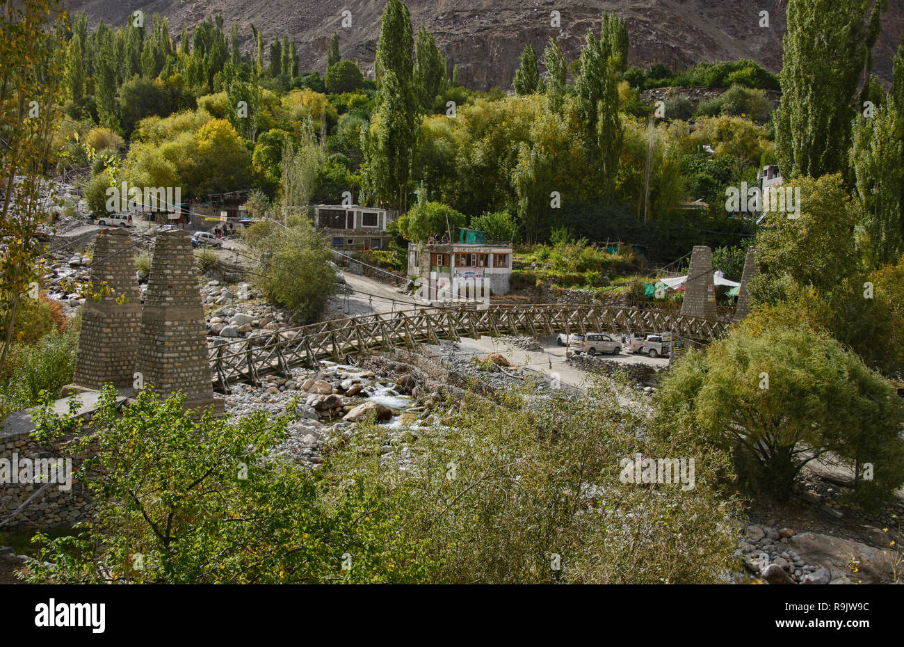 Suspension bridge in the Balti village of Turtuk, Nubra Valley, Ladakh ...