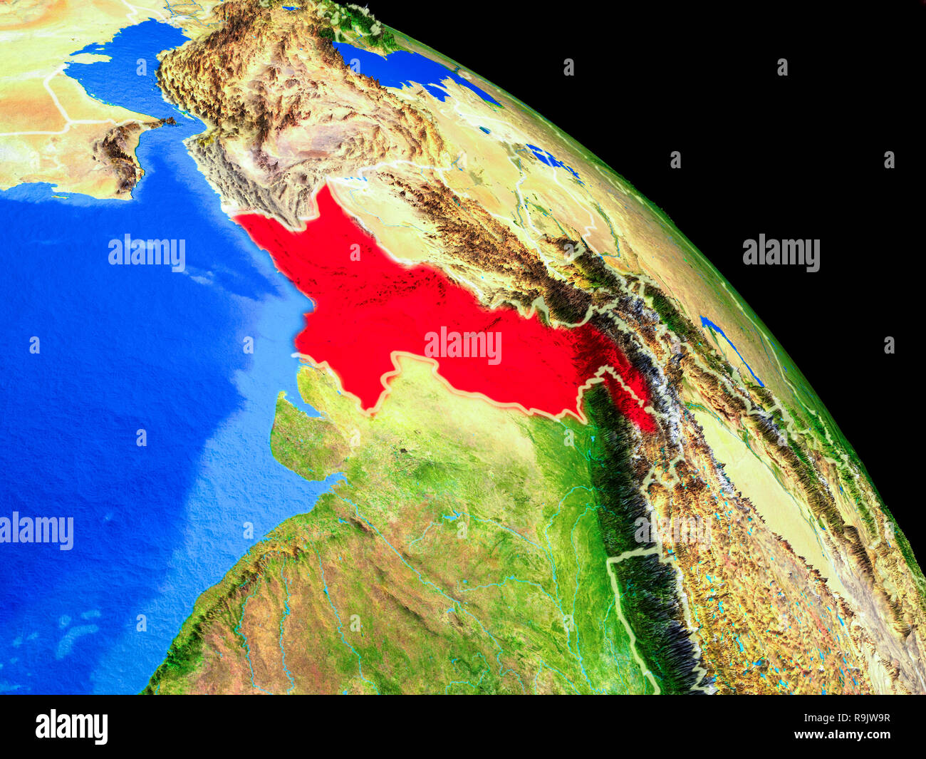 Pakistan on planet Earth from space with country borders. Very fine ...