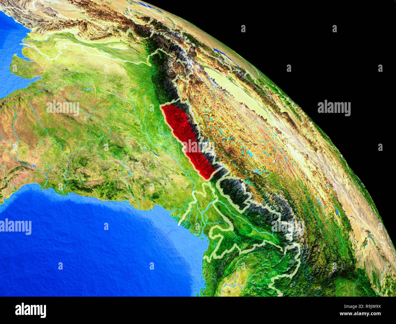 Nepal on planet Earth from space with country borders. Very fine detail ...