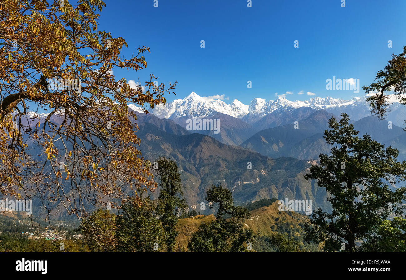 Scenic landscape view with majestic Panchchuli Himalaya snow peaks as ...