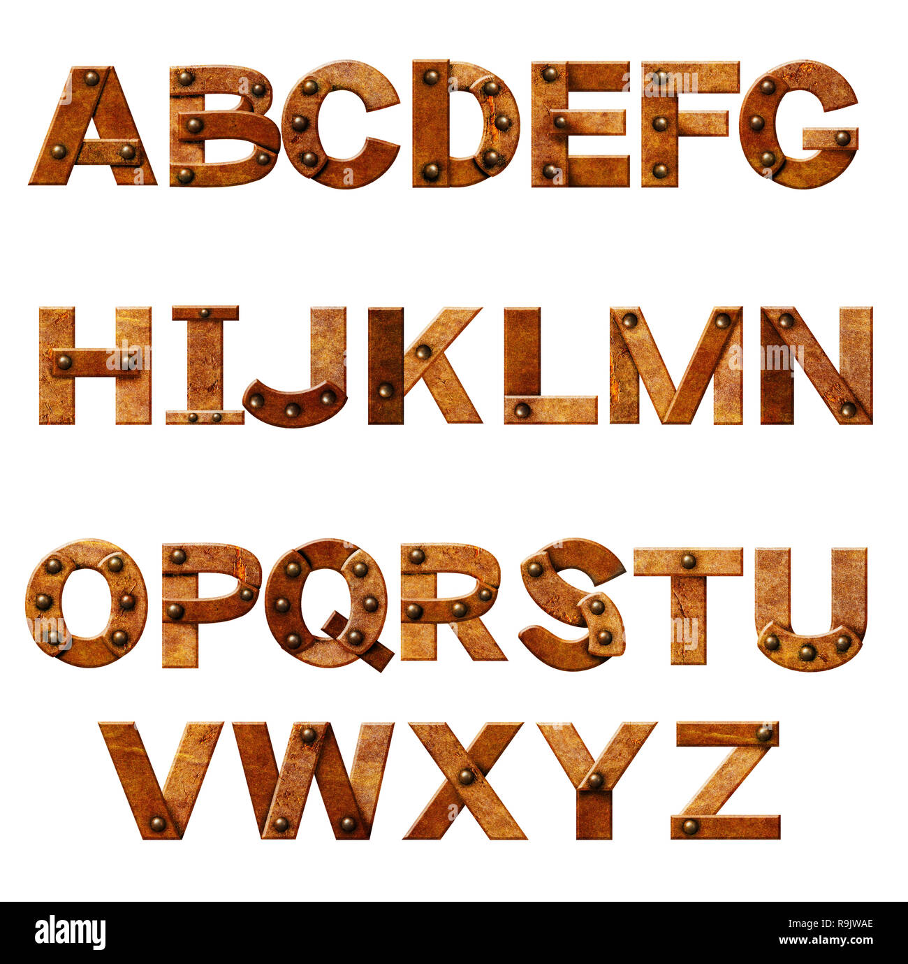 Alphabet - letters from rusty metal with rivets. Isolated over white ...