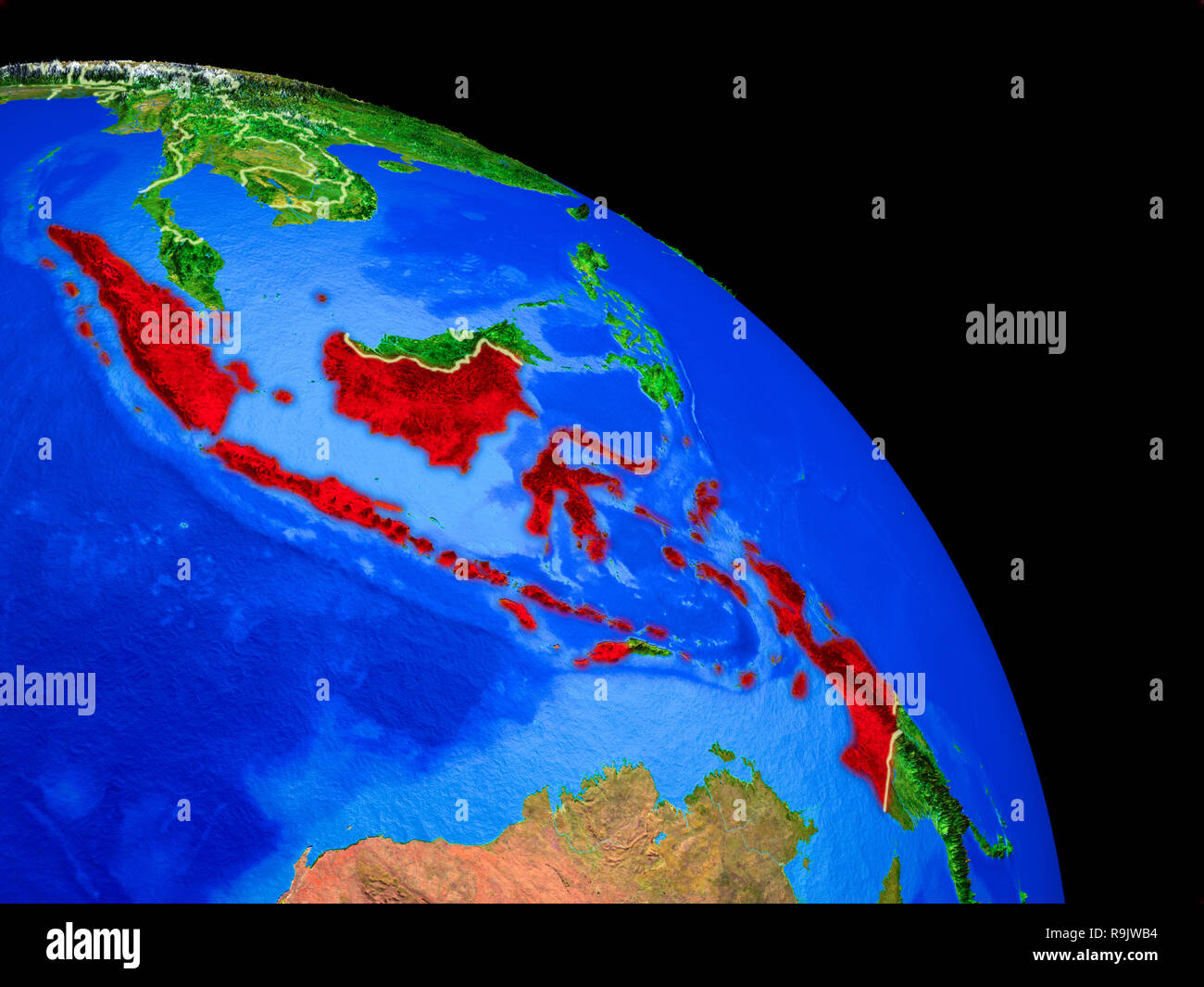 Indonesia on planet Earth from space with country borders. Very fine ...
