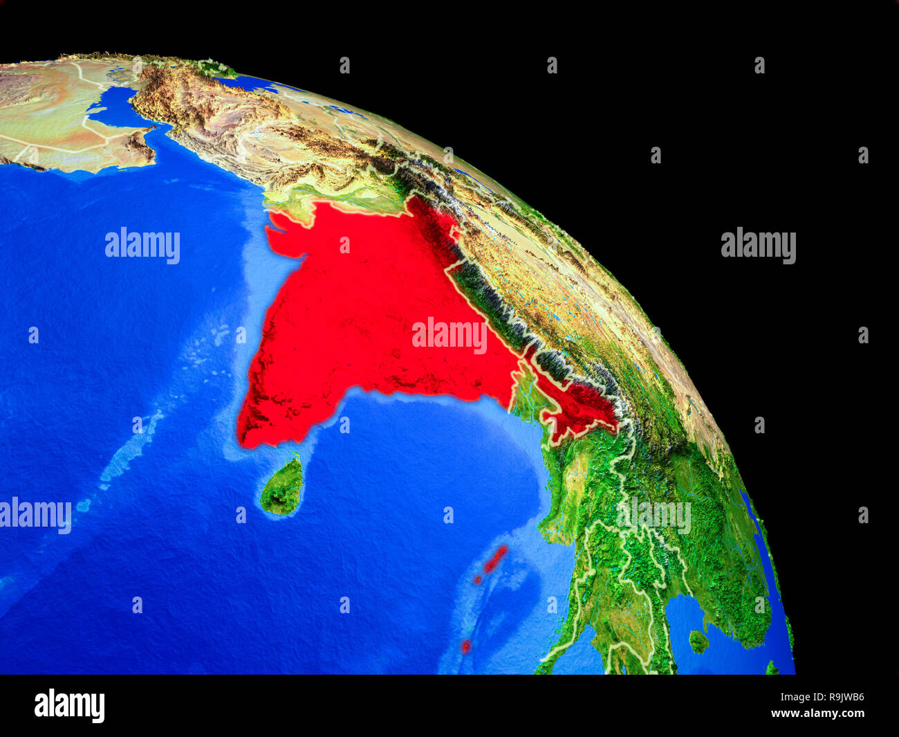 India on planet Earth from space with country borders. Very fine detail ...