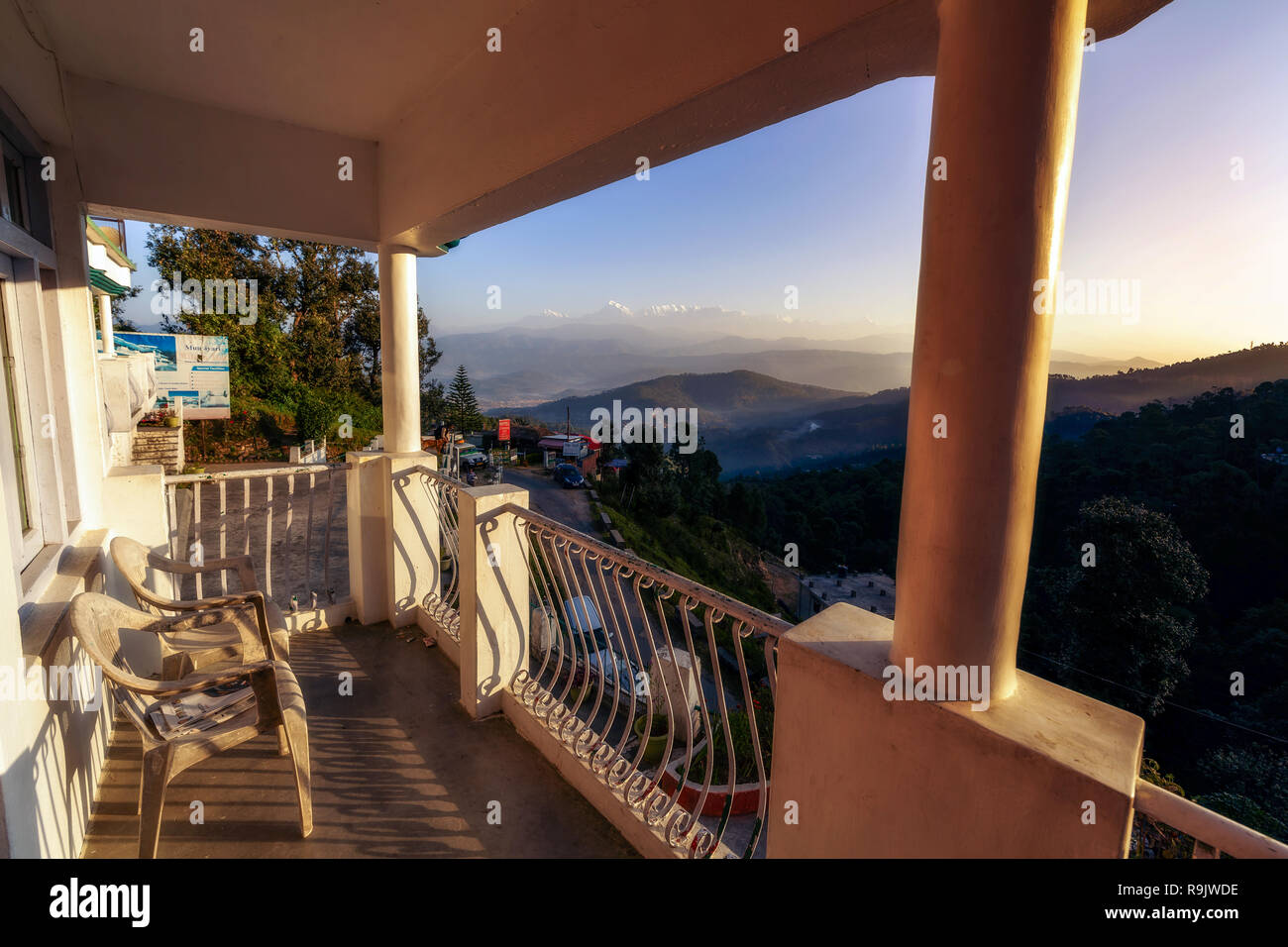 Himalaya mountain range view at sunrise from hotel balcony at Kausani ...
