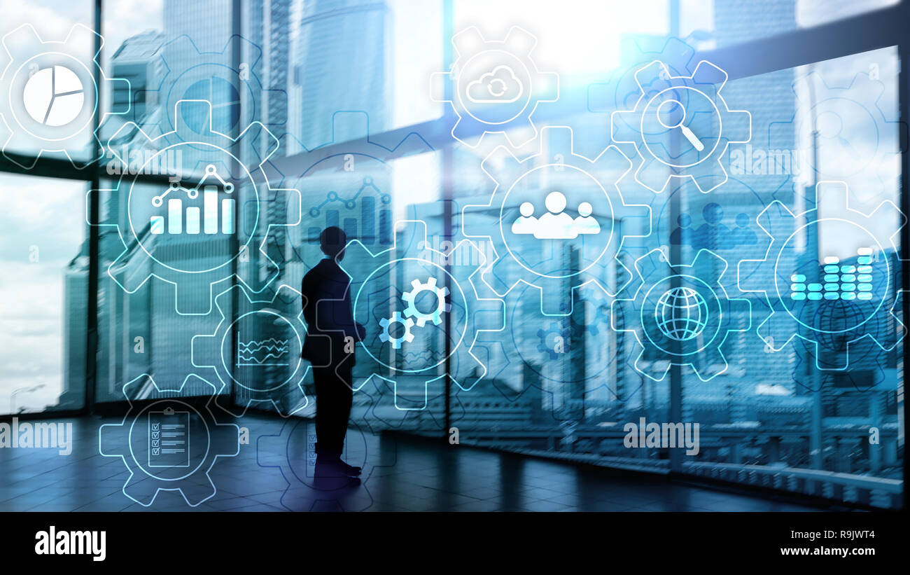Business process abstract diagram with gears and icons. Workflow and ...