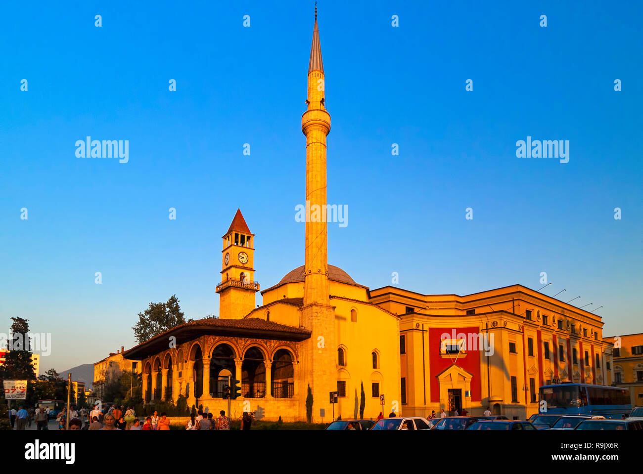 Ethem Bay Mosque and Clock Tower, Skanderberg Square, Tirana, Albania ...