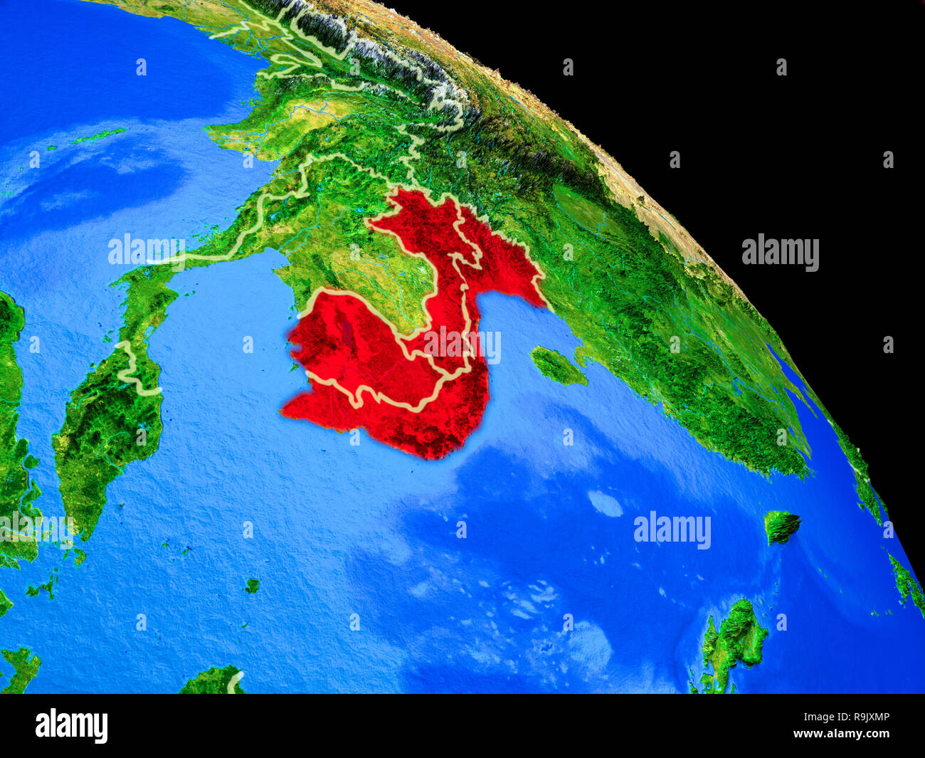 Indochina on planet Earth from space with country borders. Very fine ...